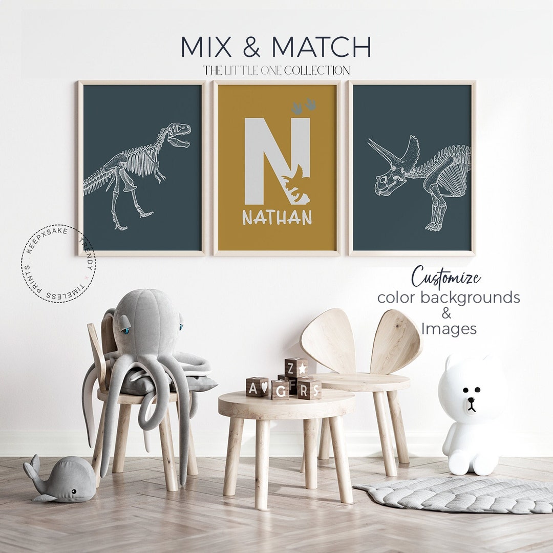 Personalized Dinosaur Skeleton Print Set | Custom Nursery Decor ...