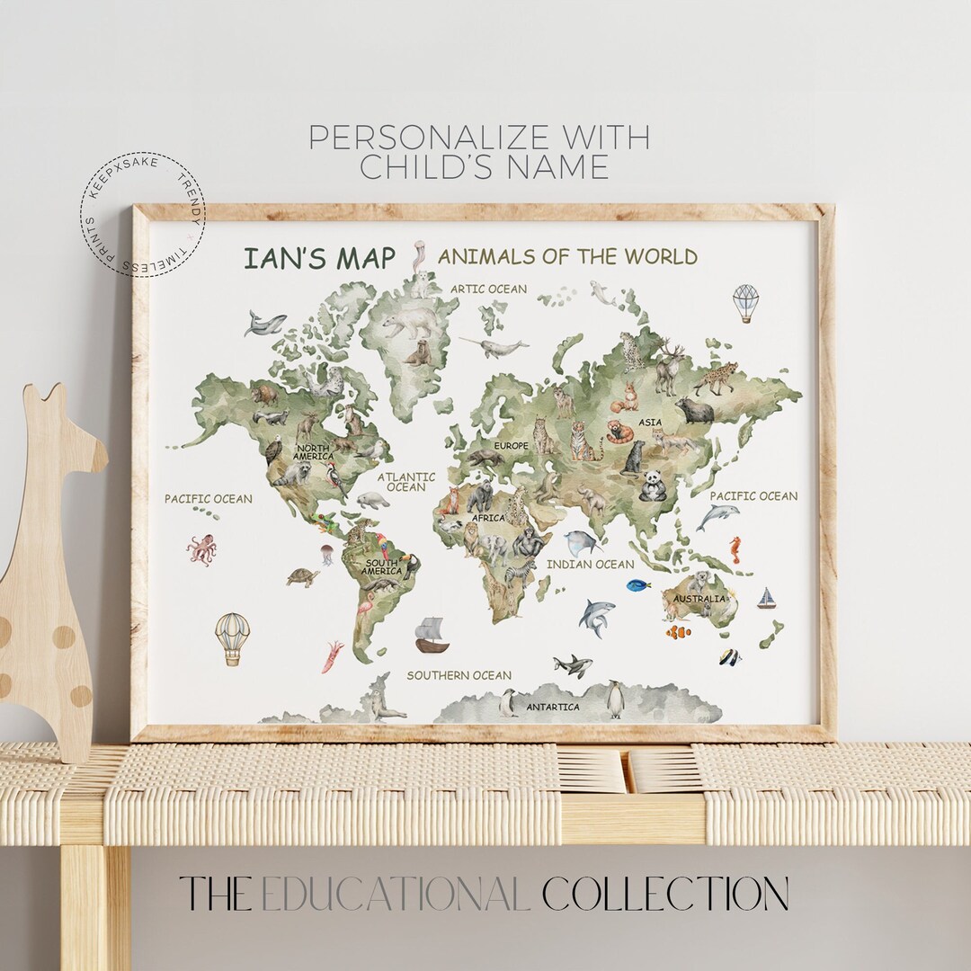 Personalized World Map Print Animal World Map Kids Poster - Etsy