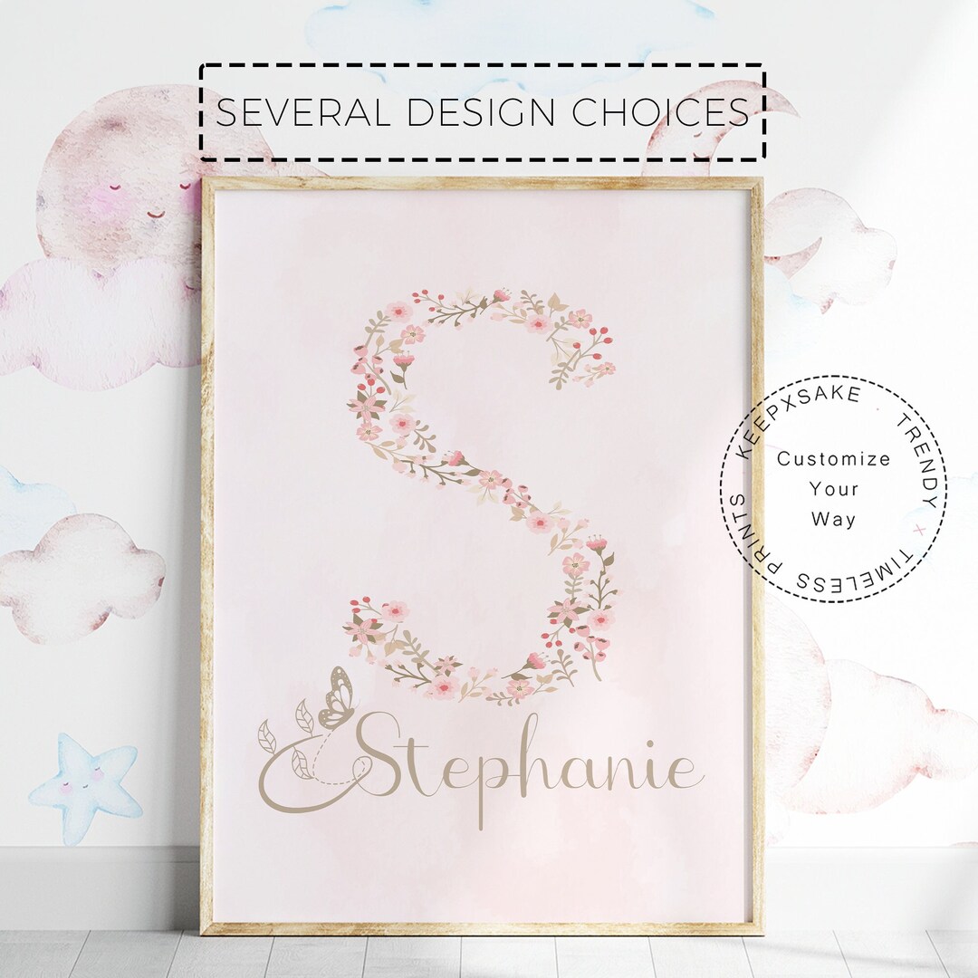 Floral Initial Name Print, Personalized | New Baby Girl Gift | Flower ...