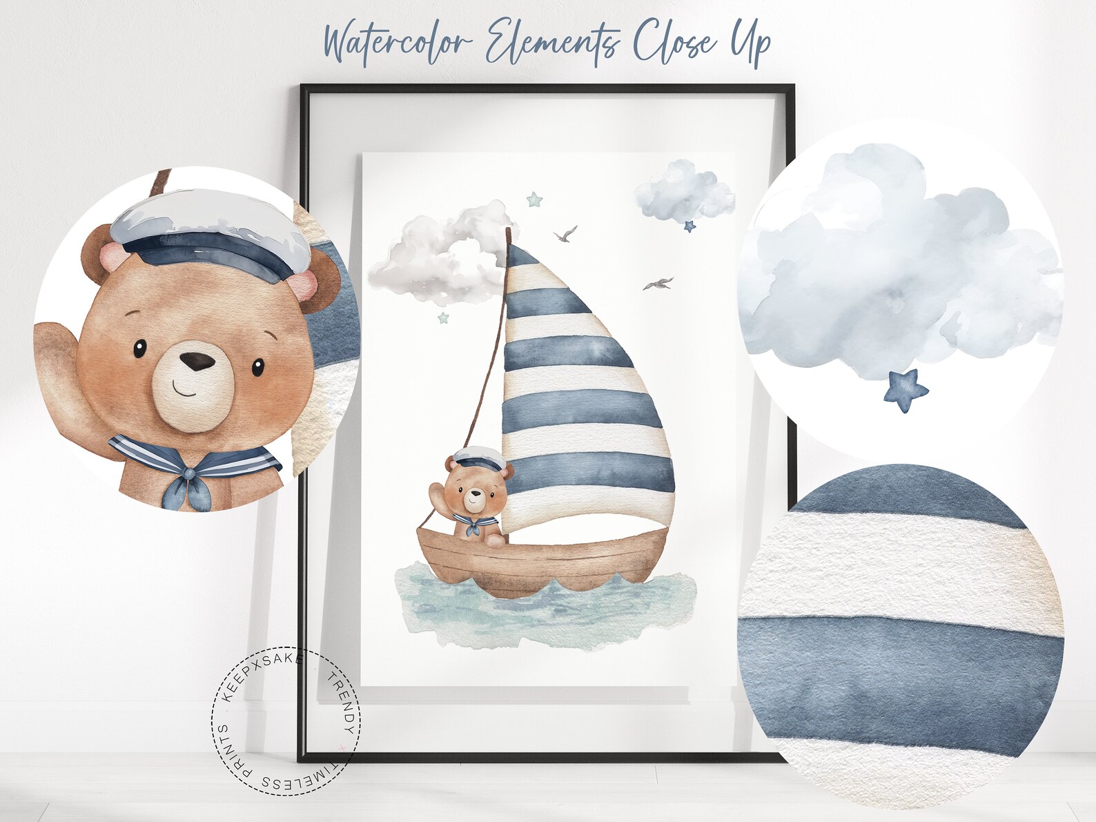 Nautical Nursery Prints Set | Watercolor Teddy Bear, Sailor Boat ...