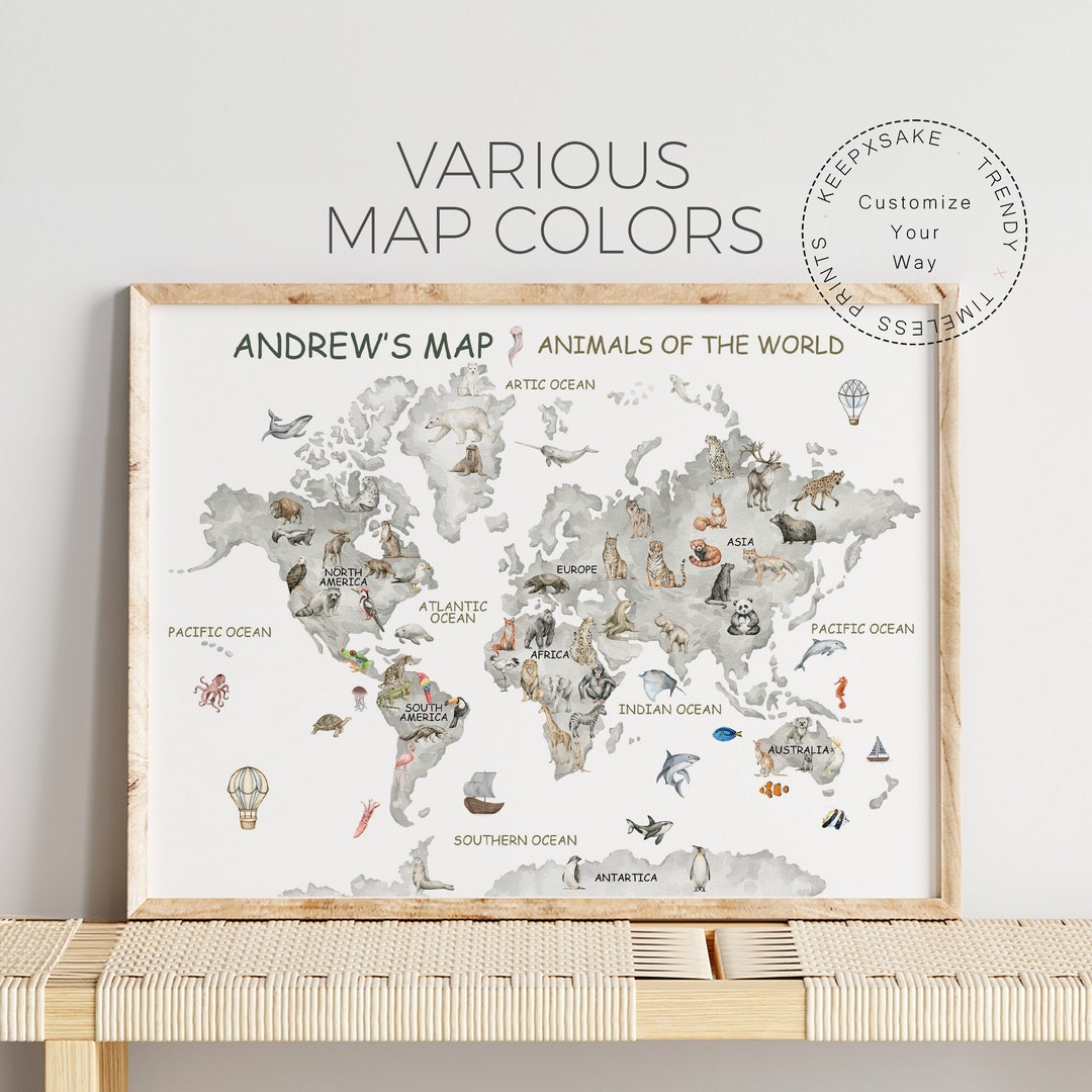 Personalized World Map Print | Animal World Map | Kids Poster ...