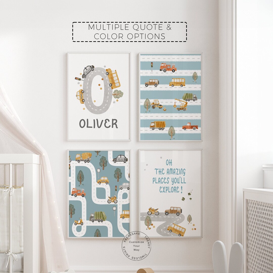 Personalized Transport Nursery Prints, Set of 4 Toddler Boy Room Trucks ...