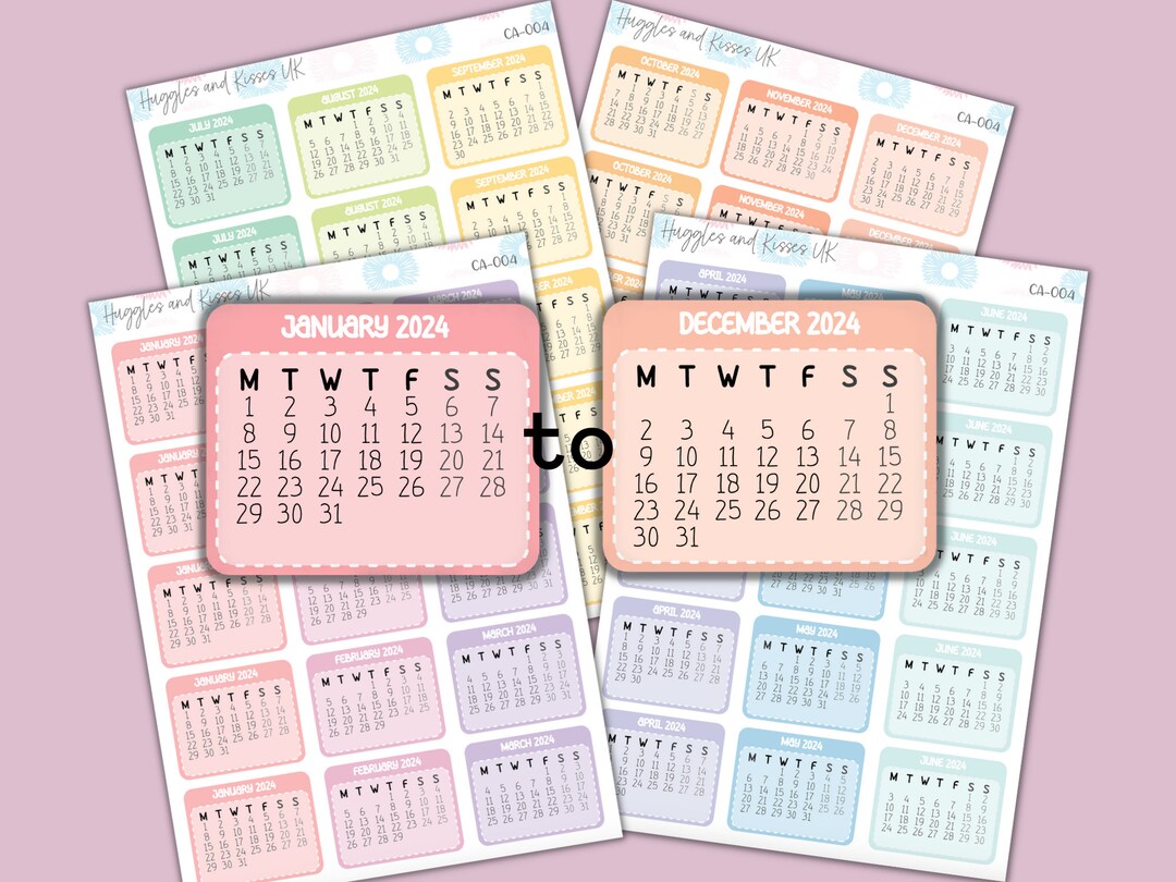 Mini 2024 Calendar Planner Sticker Set / Pastel Colours 2024 Calendar ...
