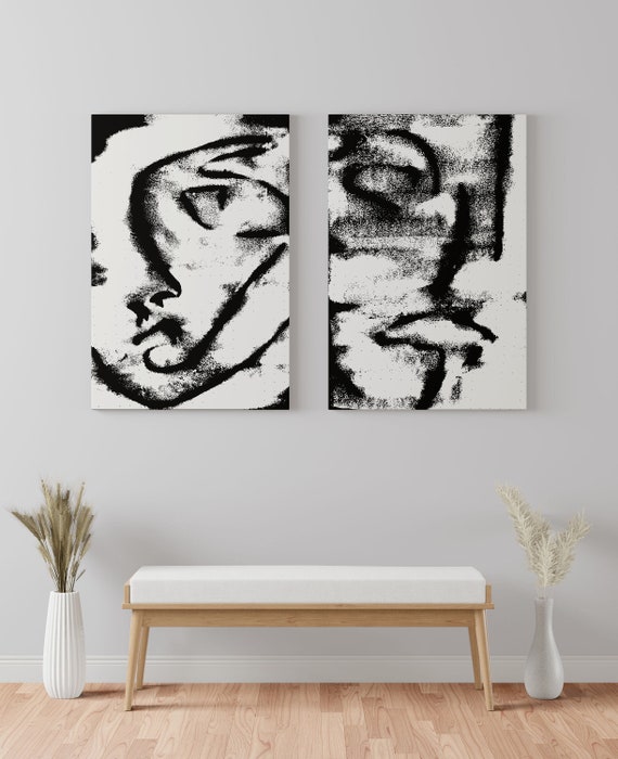 Set of 2 Abstract Face Prints Printmaking Posters DIGITAL - Etsy