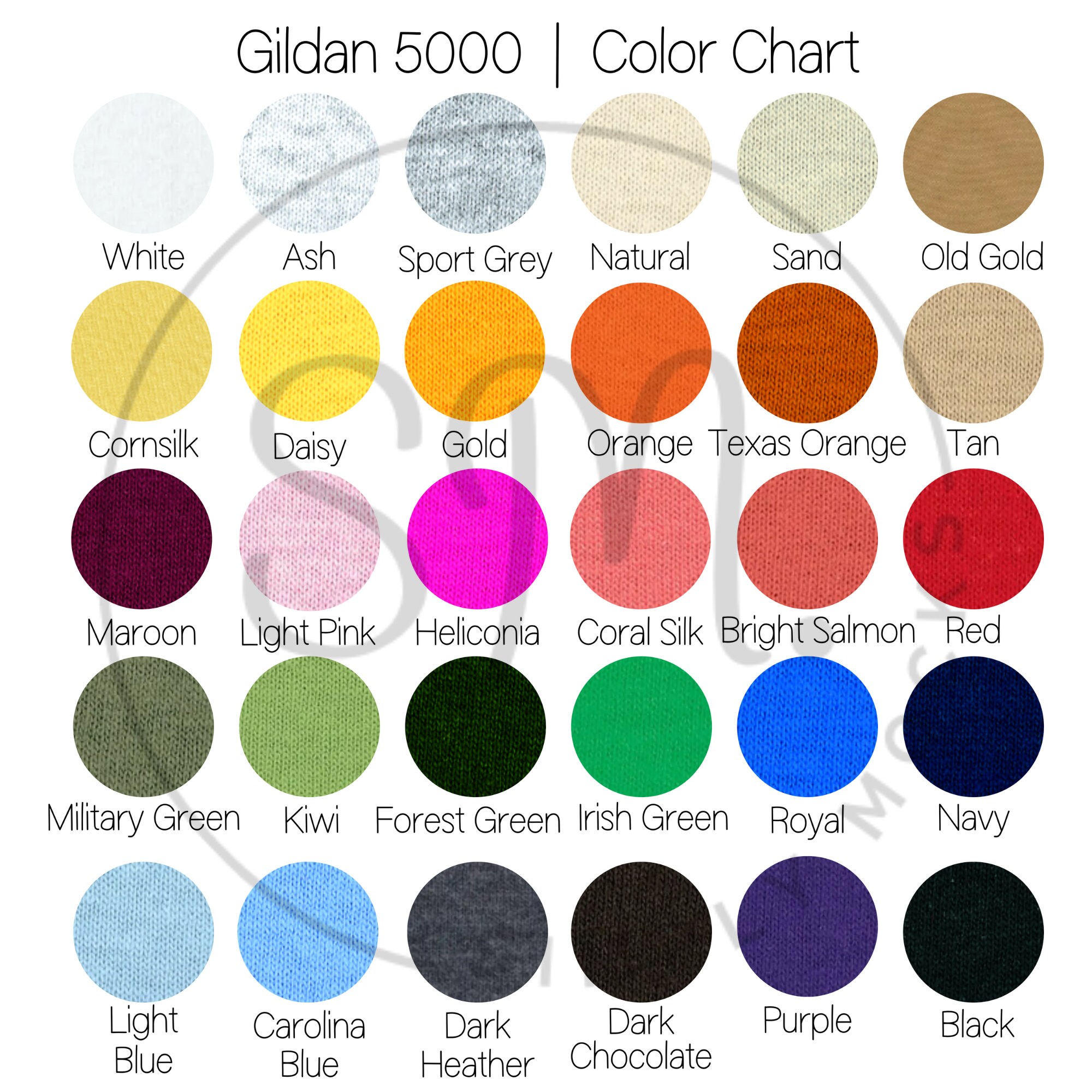 Gildan 5000 Unisex Cotton T-shirt Color Chart, Gildan Color Chart ...