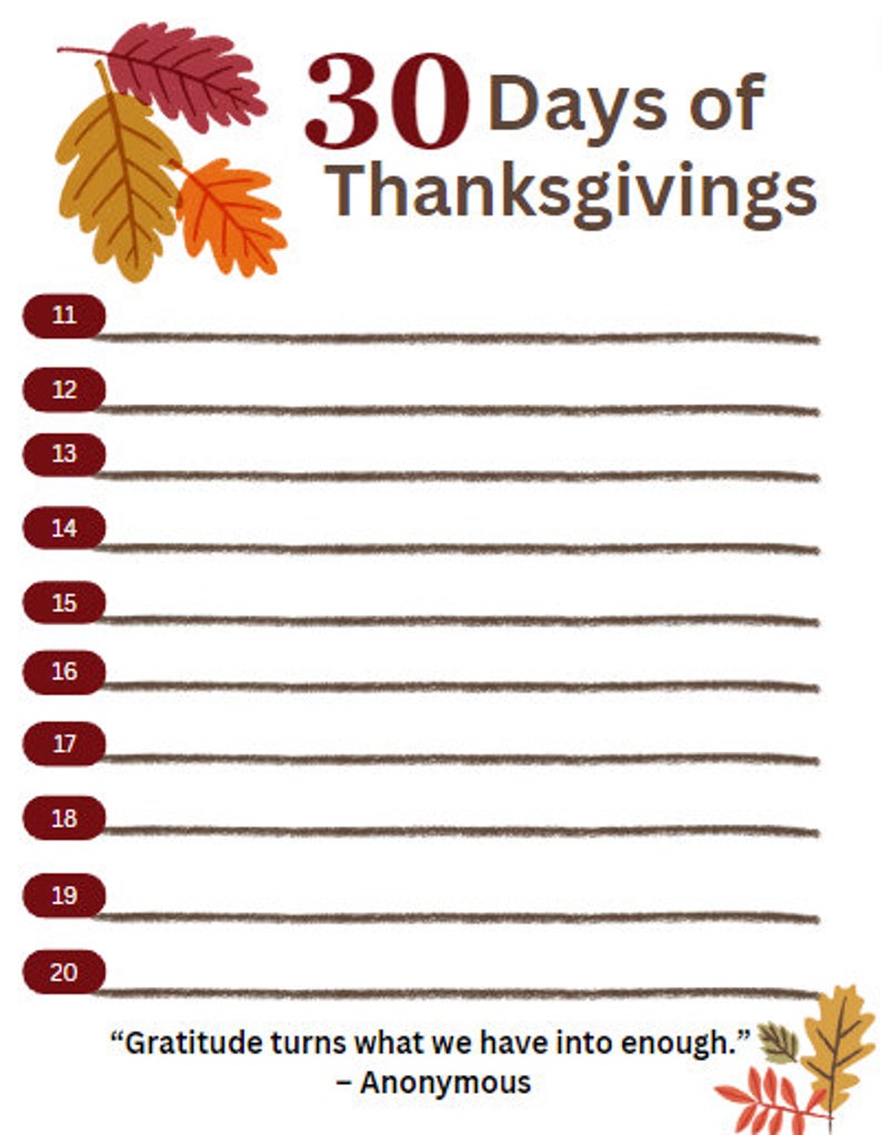 30 Days of Thanksgivings Printable | Gratitude Journaling | Fall ...