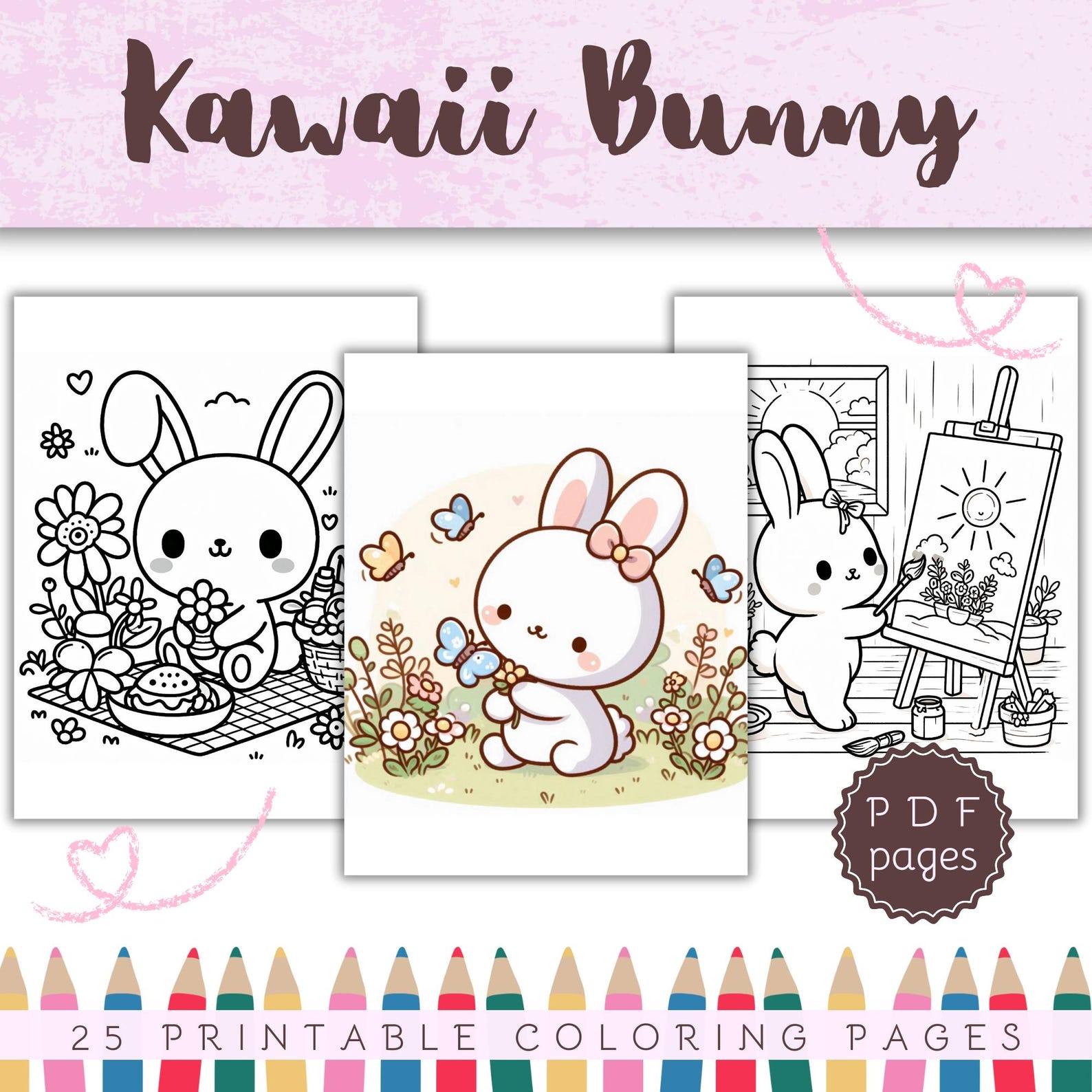 Kawaii Bunny Coloring Pages for Kids and Adults, Cute Coloring Books ...