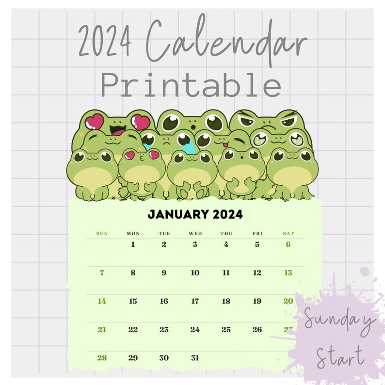 2024 Calendar Kawaii Frog Digital Printable 2024 Calendar 2024
