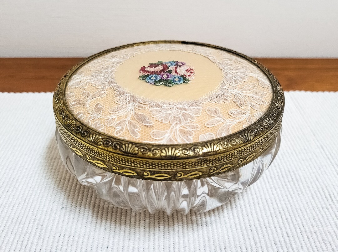Vintage Hand Embroidered Petit Point Floral Trinket Box / Vanity Jar ...