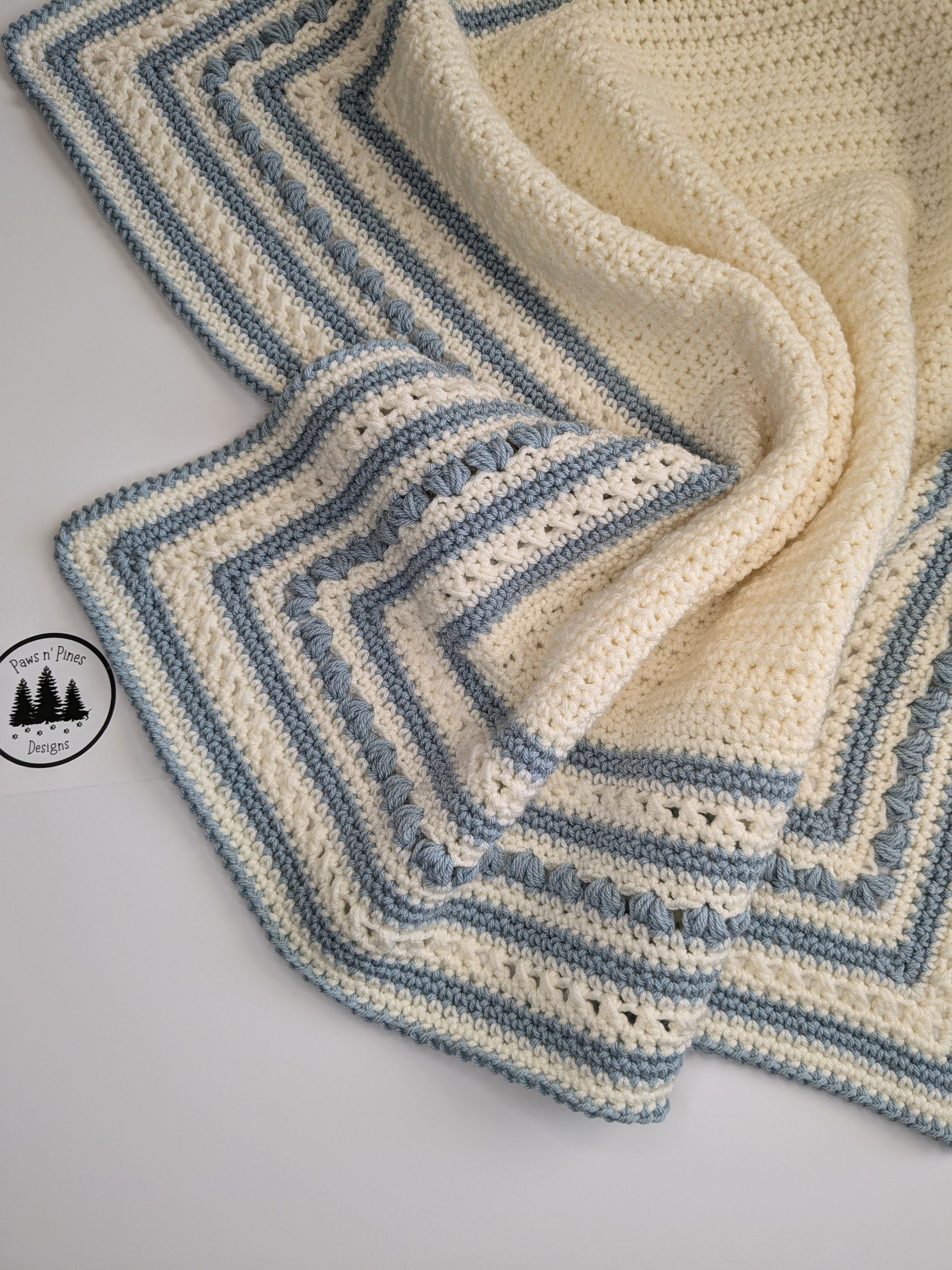 Handmade Crochet Cream & Blue Soft Baby Boy Toddler Blanket Afghan Baby ...