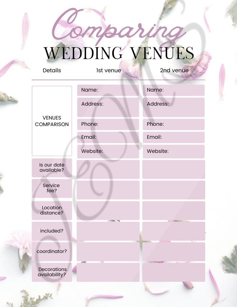 Wedding Venue Comparison Checklist Easy Printable Wedding - Etsy