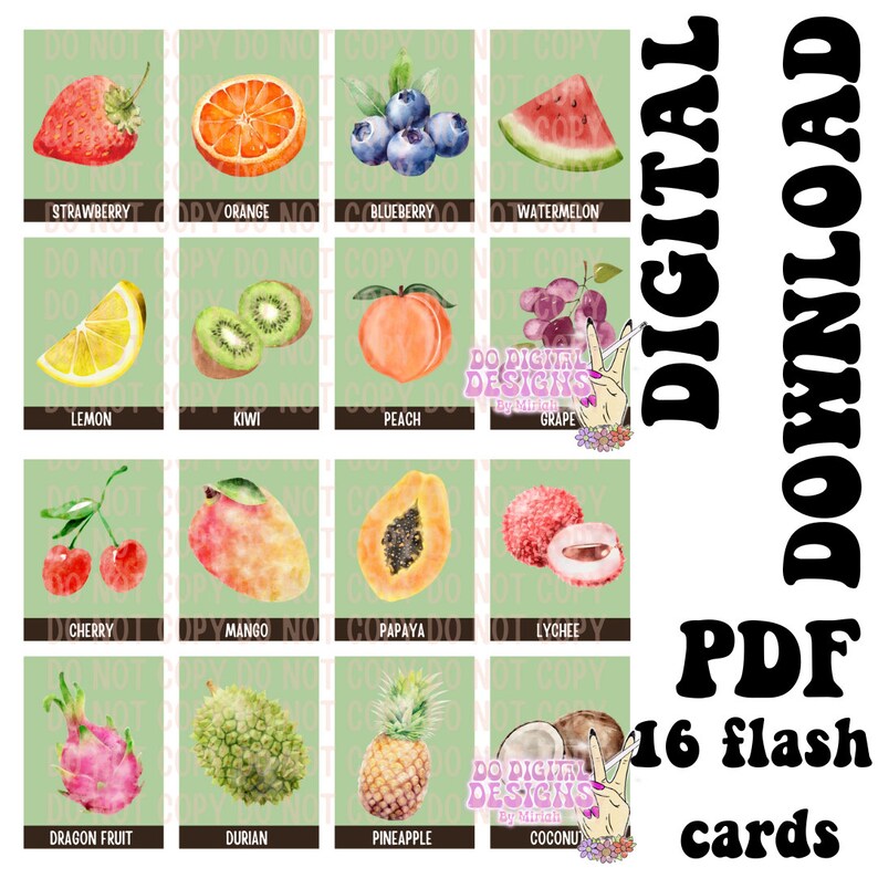 Fruit Flash Cards/ Digital/download/watercolor/learning/homeschooling ...
