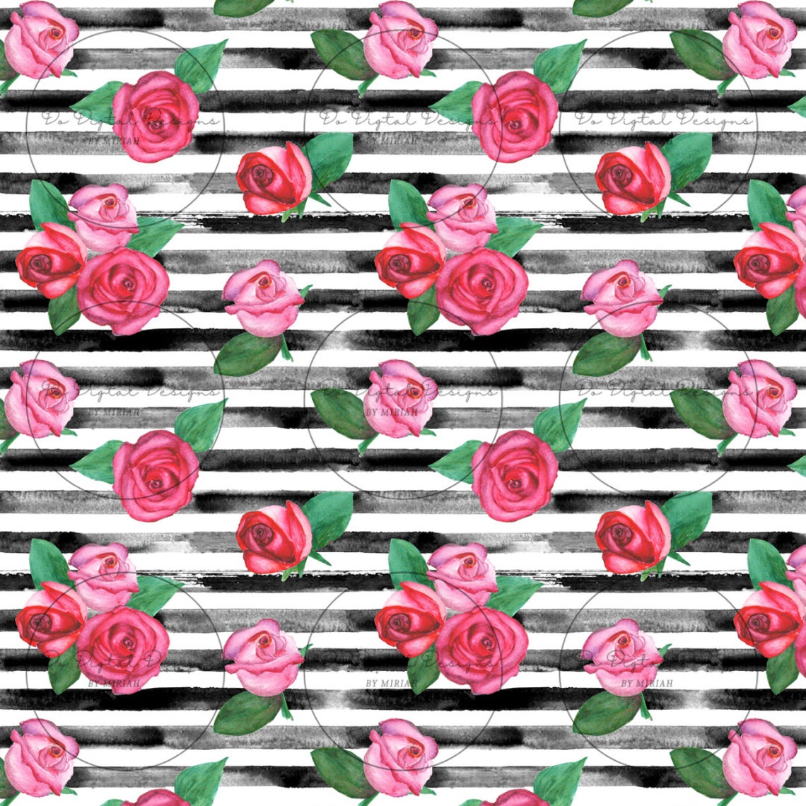 Striped Roses Seamless Pattern/floral/pink/black/white/png/digital ...