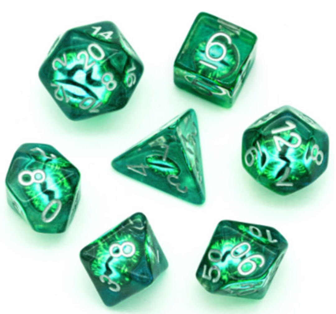 Clear and Green Dragon Eye Inclusion Resin Dice Set With Silver ...