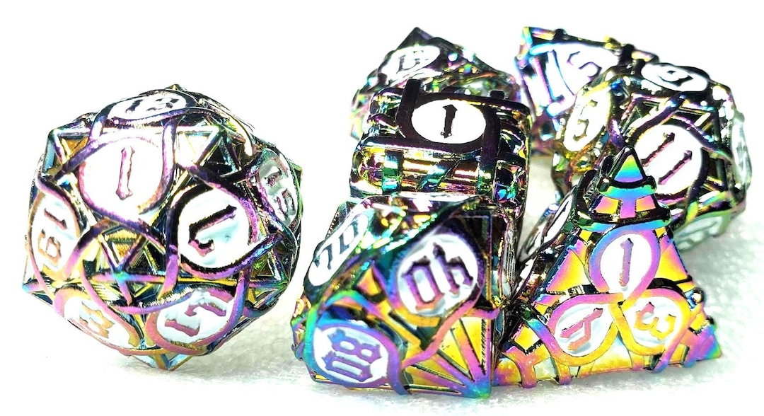 Rainbow Weave Chonky Metal Dice Set With White Inlay - Heavy, Dungeons ...