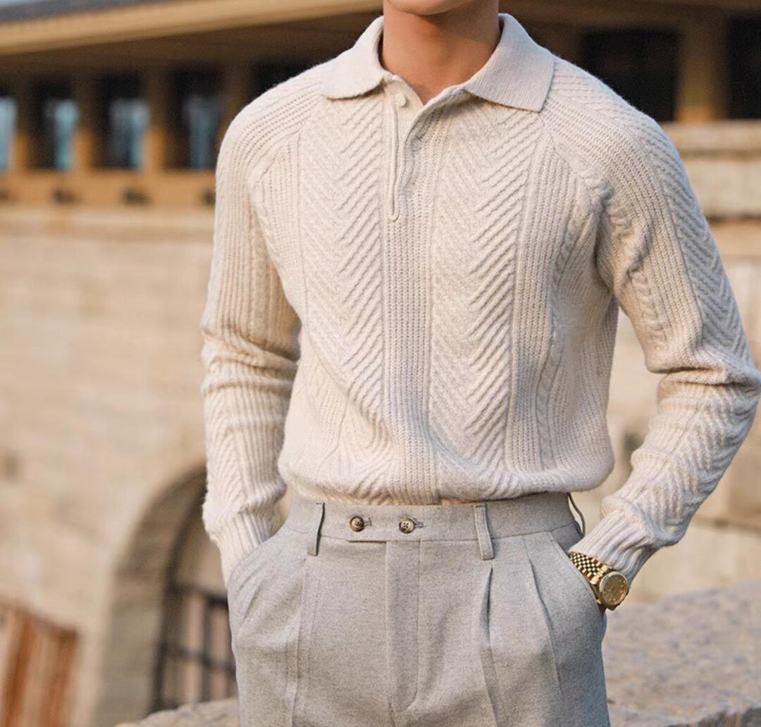 Luxurious Knit Sweater With Polo Collar Hand-knitted Cozy Sweater Soft ...