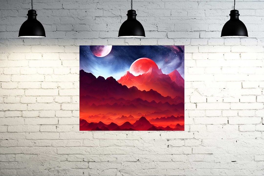 Blood Moon Poster, Abstract Mountain Wall Art, Moon Poster Canvas Print ...