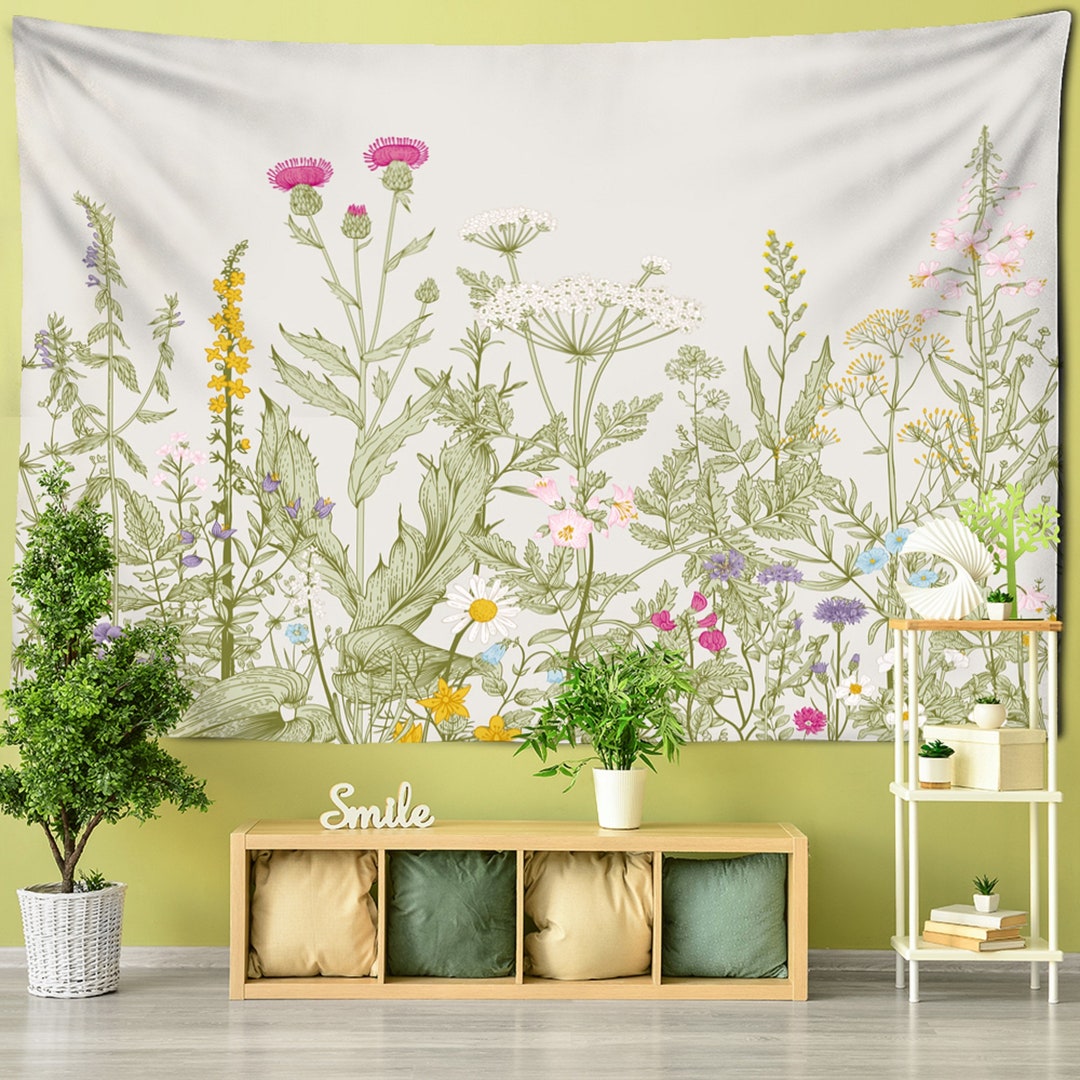 Vintage Aesthetic Beautiful Botanical Wild Flowers Herbs Plant Tapestry ...