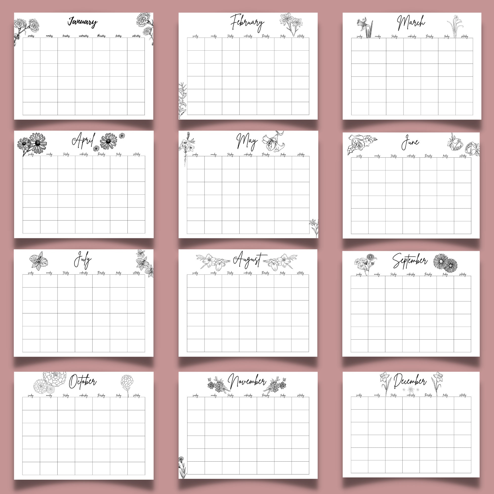 Floral Theme Monthly Blank Calendar - Etsy
