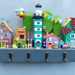 Colorful Wooden Key Holder With Houses, a Lighthouse, a Mill and ...