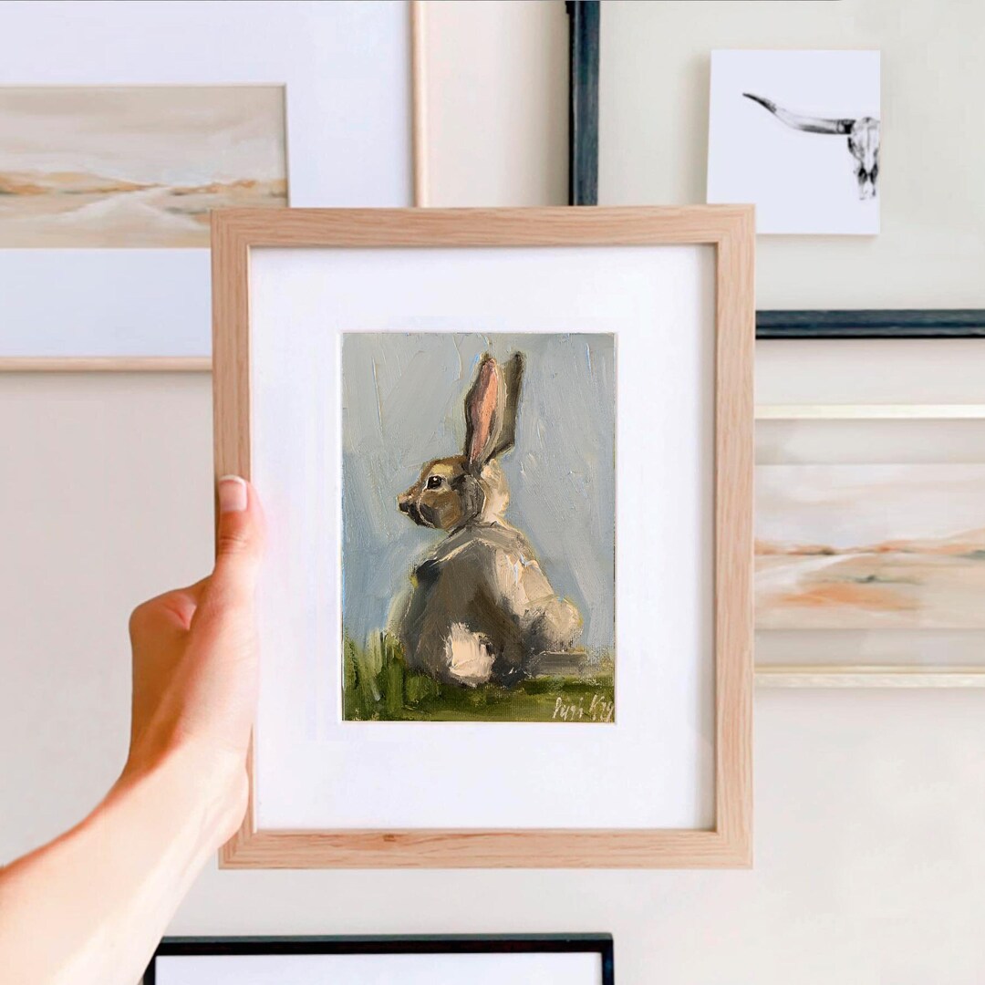 Hare Portrait Oil Painting on Canvas Small Framed Farmhouse Wall Decor ...