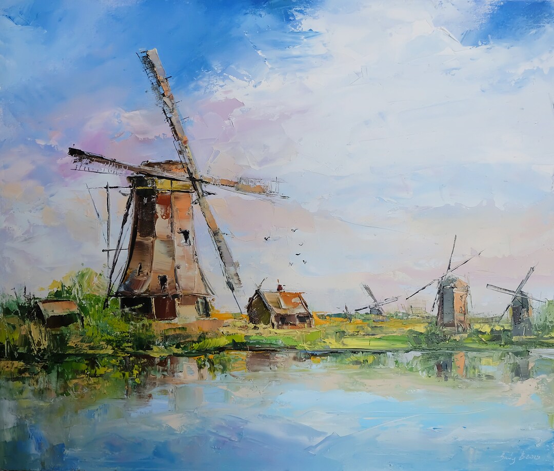 Old Mill Original Oil Painting. Summer Landscape With Windmills ...