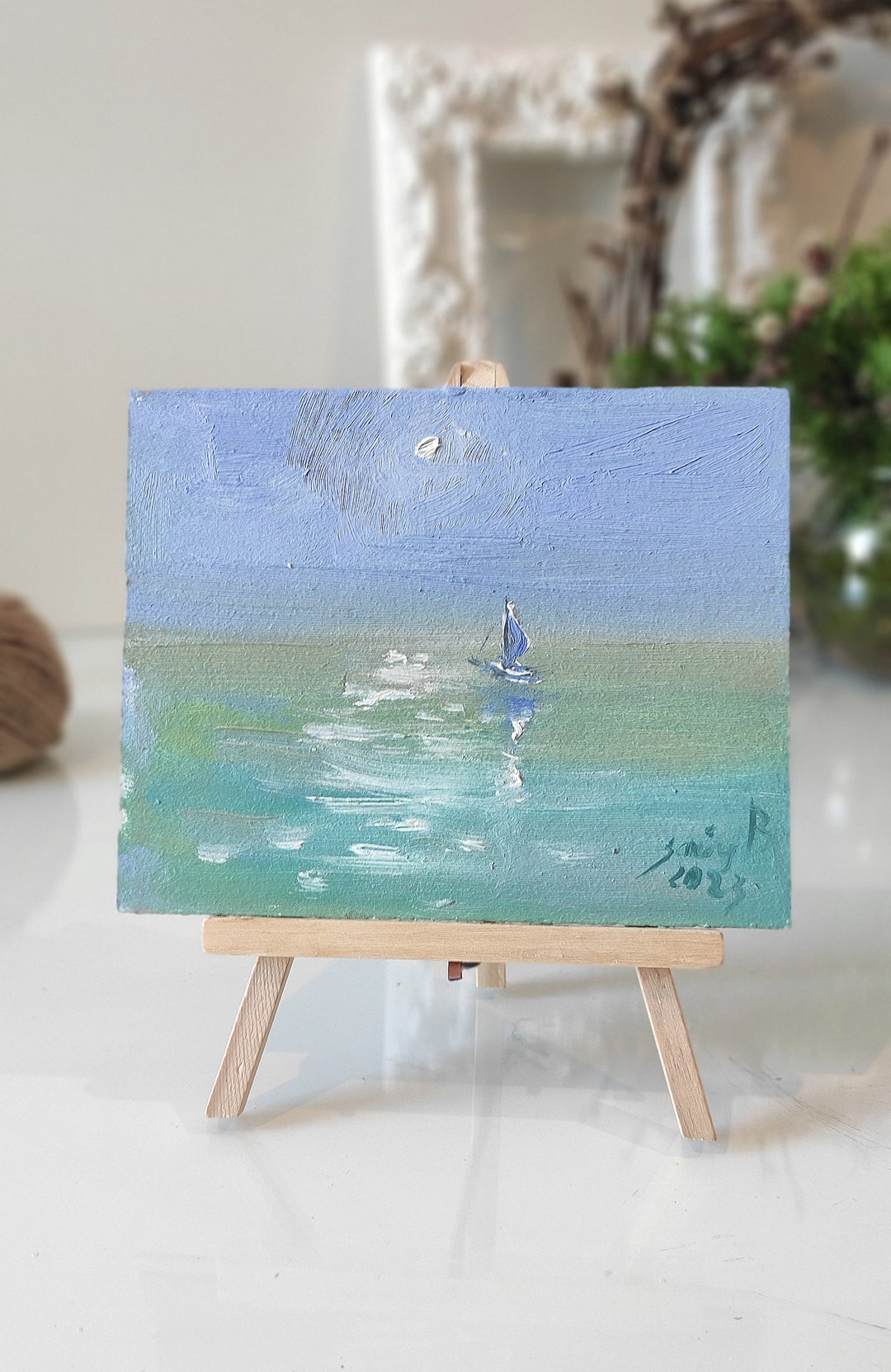 Boat Original Painting Boat Small Art Lonely Sailboat at Sunset ...