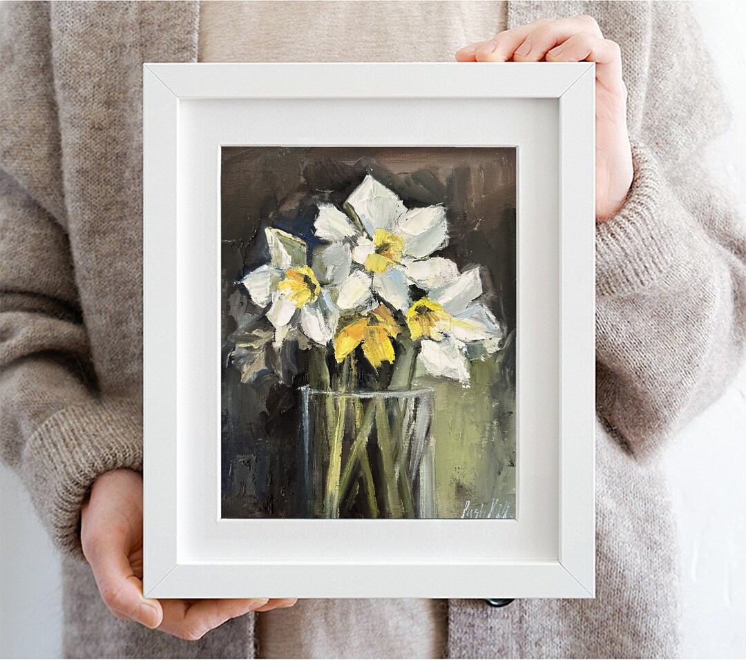 Daffodil Still Life Oil Painting Canvas Daffodils Bouquet Dark Floral ...