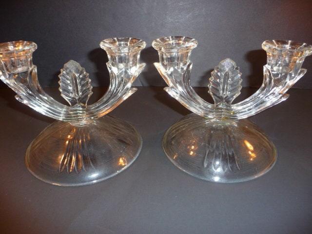 Vintage Glass Double Arm Candle Holders...pressed Glass Baroque Clear ...