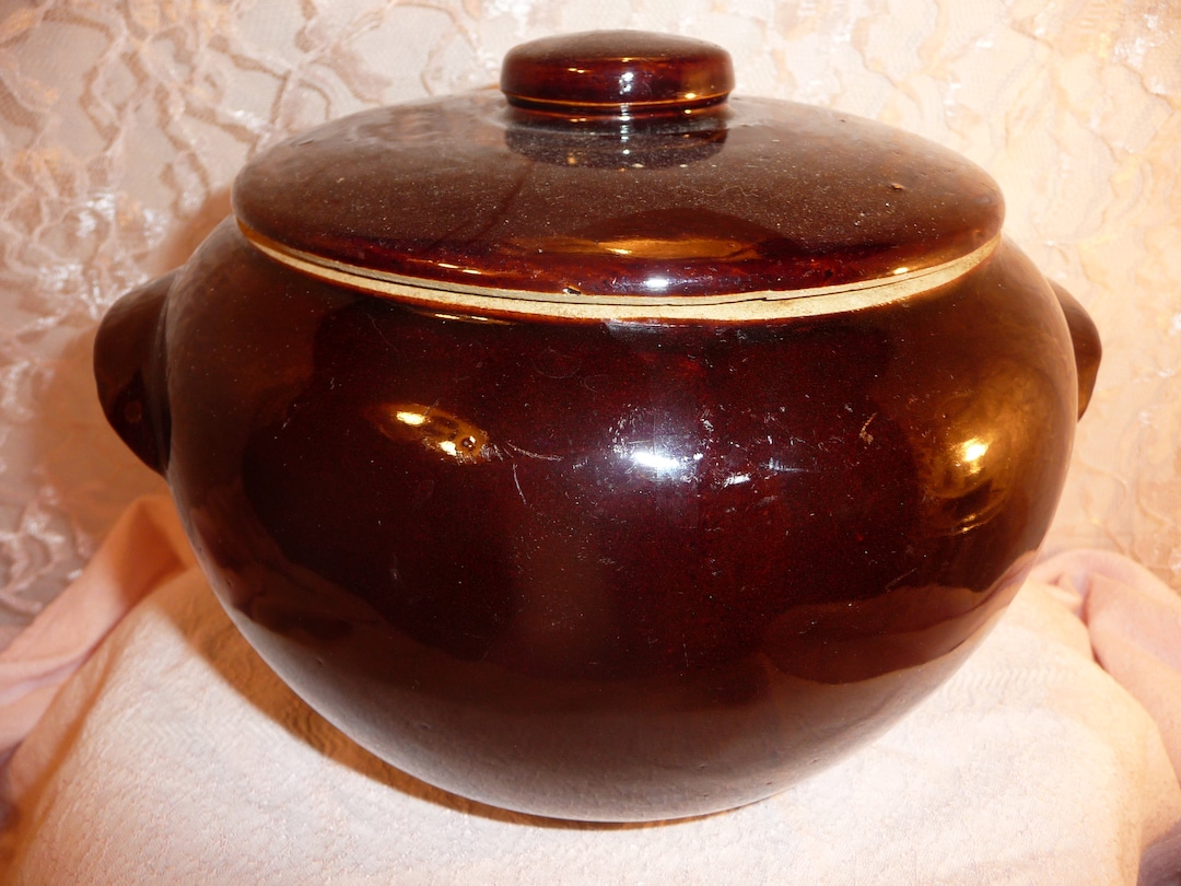 Vintage Bean Pot USA Pottery, Brown Stoneware Pot, With Lid, Crock Pot ...
