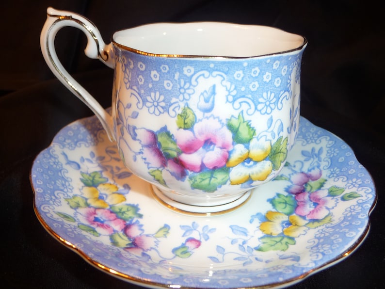 Royal Albert Teacup and Saucer, Lovelace Pattern, Blue Lace With Purple ...