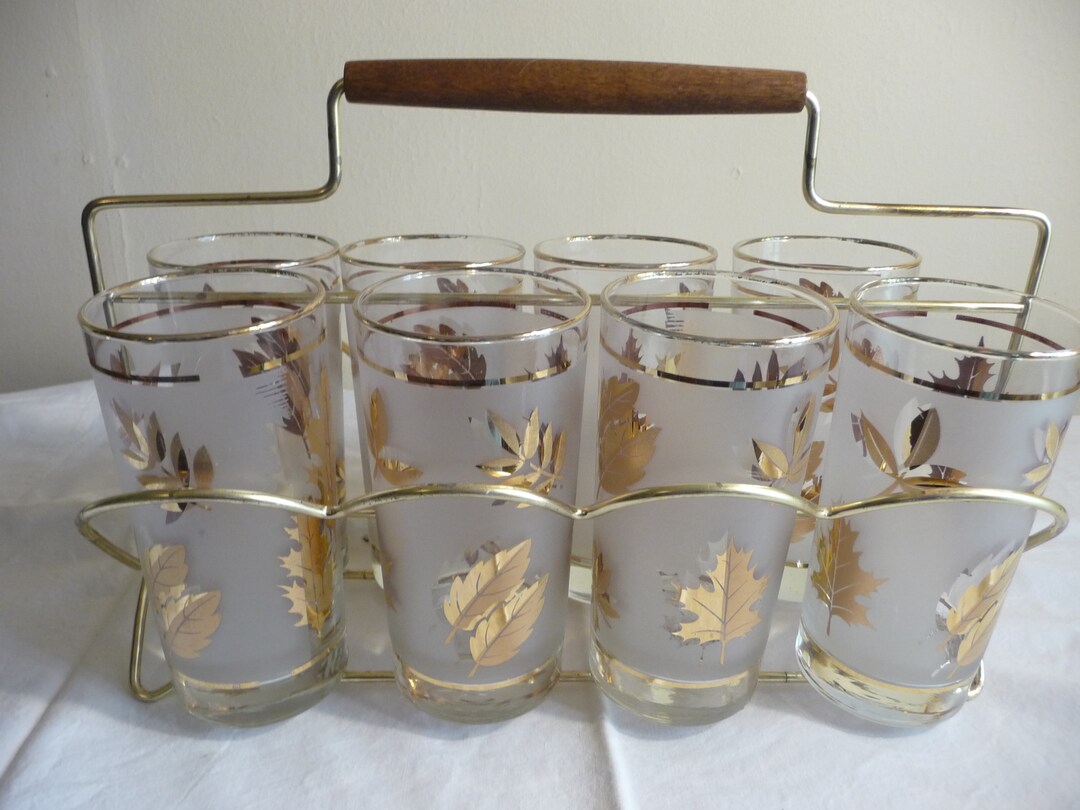 Vintage Libbey Frosted Glasses With Carrier, Libbey Gold Leaf Pattern ...