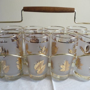Vintage Libbey Frosted Glasses With Carrier, Libbey Gold Leaf Pattern ...