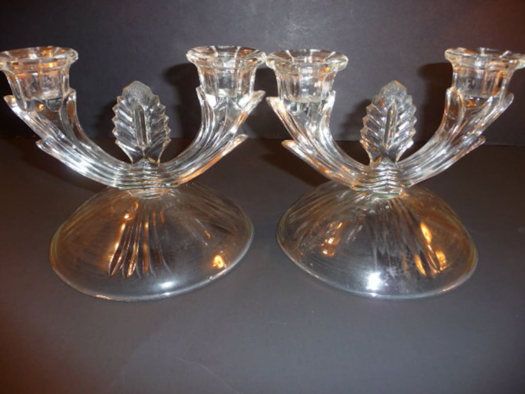 Vintage Glass Double Arm Candle Holders...pressed Glass Baroque Clear ...