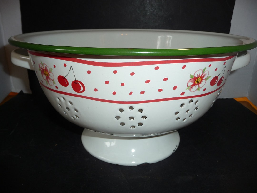 White Enamel Colander Trimmed With Cherries and Cherry Blossoms ...