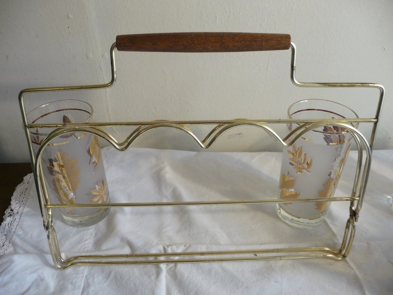 Vintage Libbey Frosted Glasses With Carrier, Libbey Gold Leaf Pattern ...