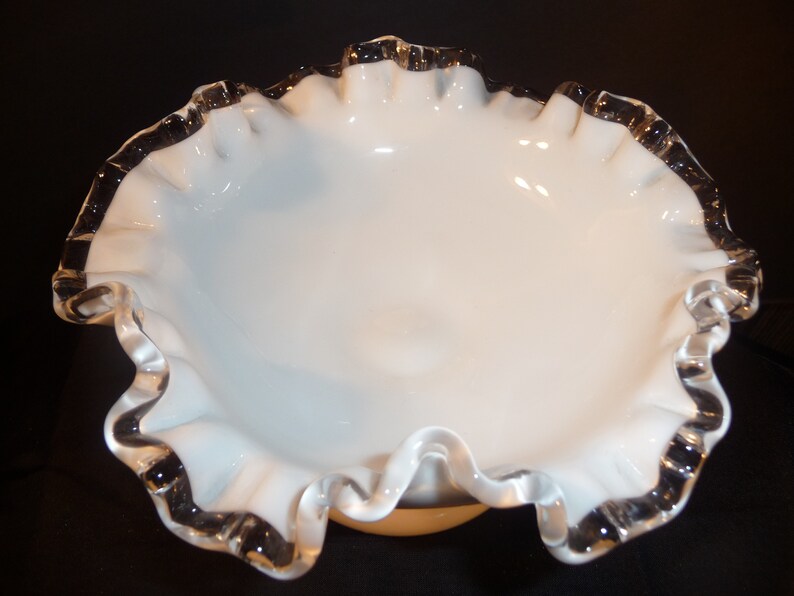 Vintage Fenton Silver Crest Bowl Milk Glass Ruffled Crystal Edge Footed ...