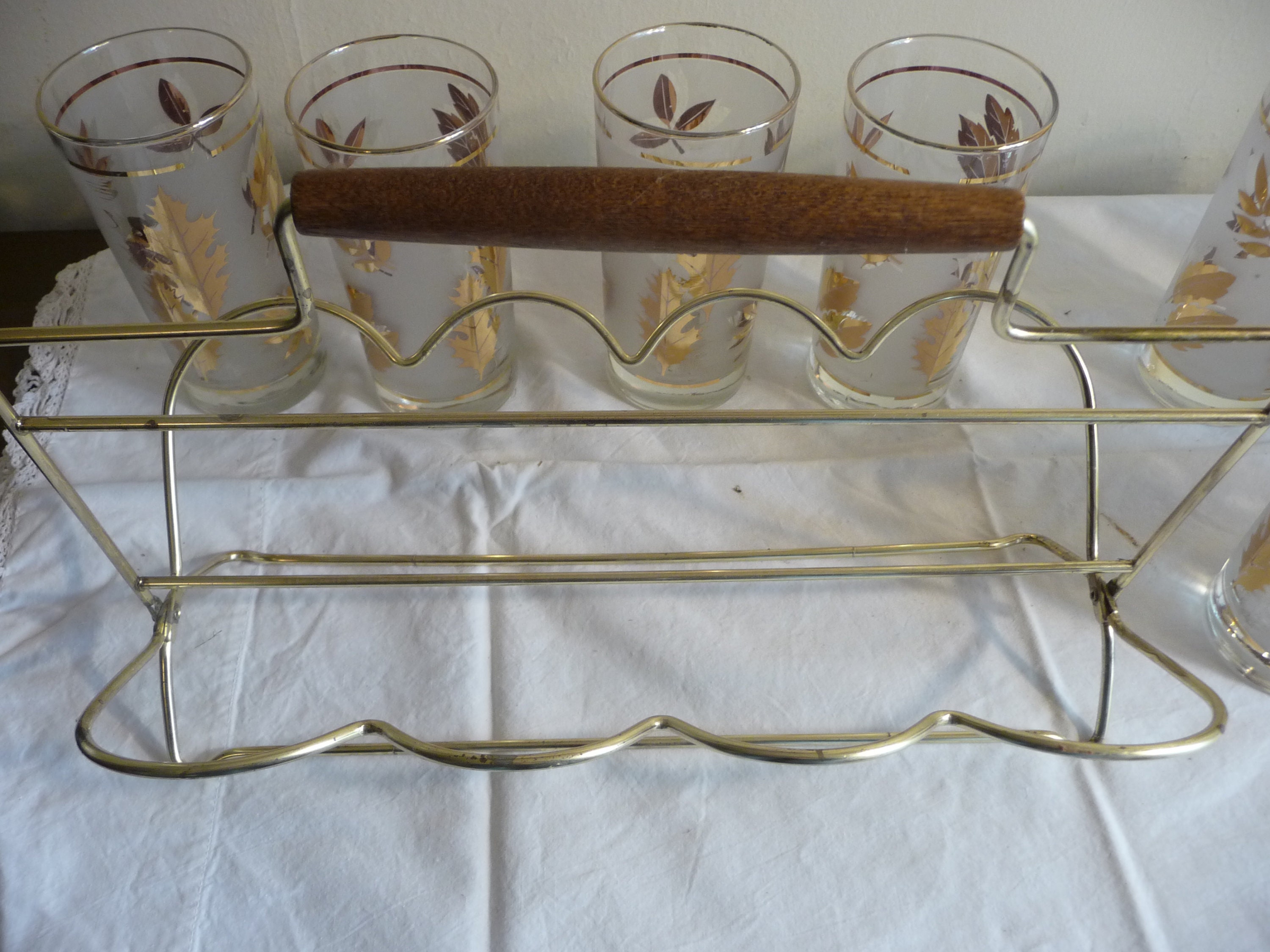Vintage Libbey Frosted Glasses With Carrier, Libbey Gold Leaf Pattern ...