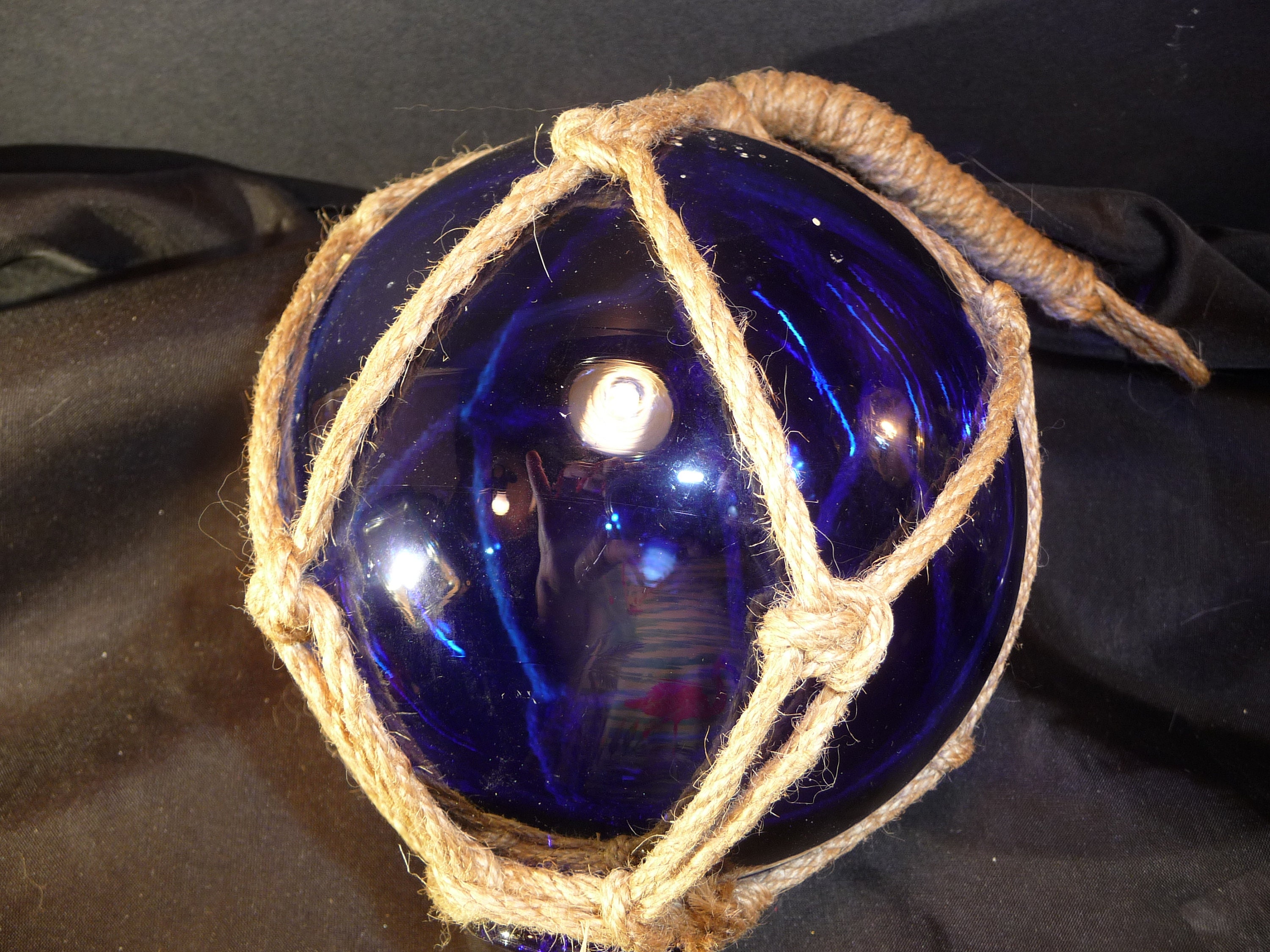 Vintage Japanese Glass Float in Rope Netting, Cobalt Blue Glass Ball ...