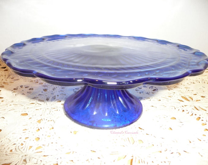 1930s Art Deco Cobalt Blue Pressed Glass Pedestal Cake Stand, Blue Cake ...