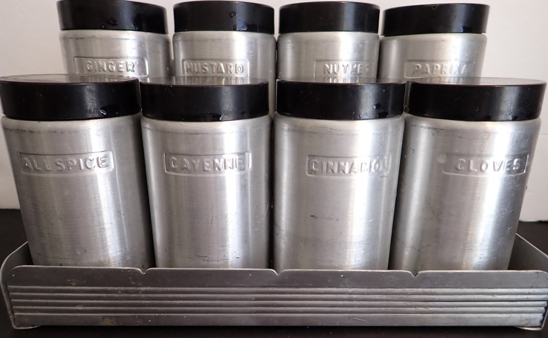 Kromex Aluminum Spice Jar Set With Holder, Black Lids, 8 Spice Jar Set ...