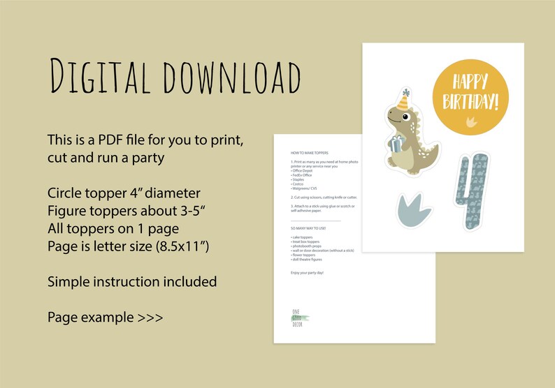 Dinosaurs Centerpiece Figures, Cute Dinosaurs Cake Toppers, Printable T ...