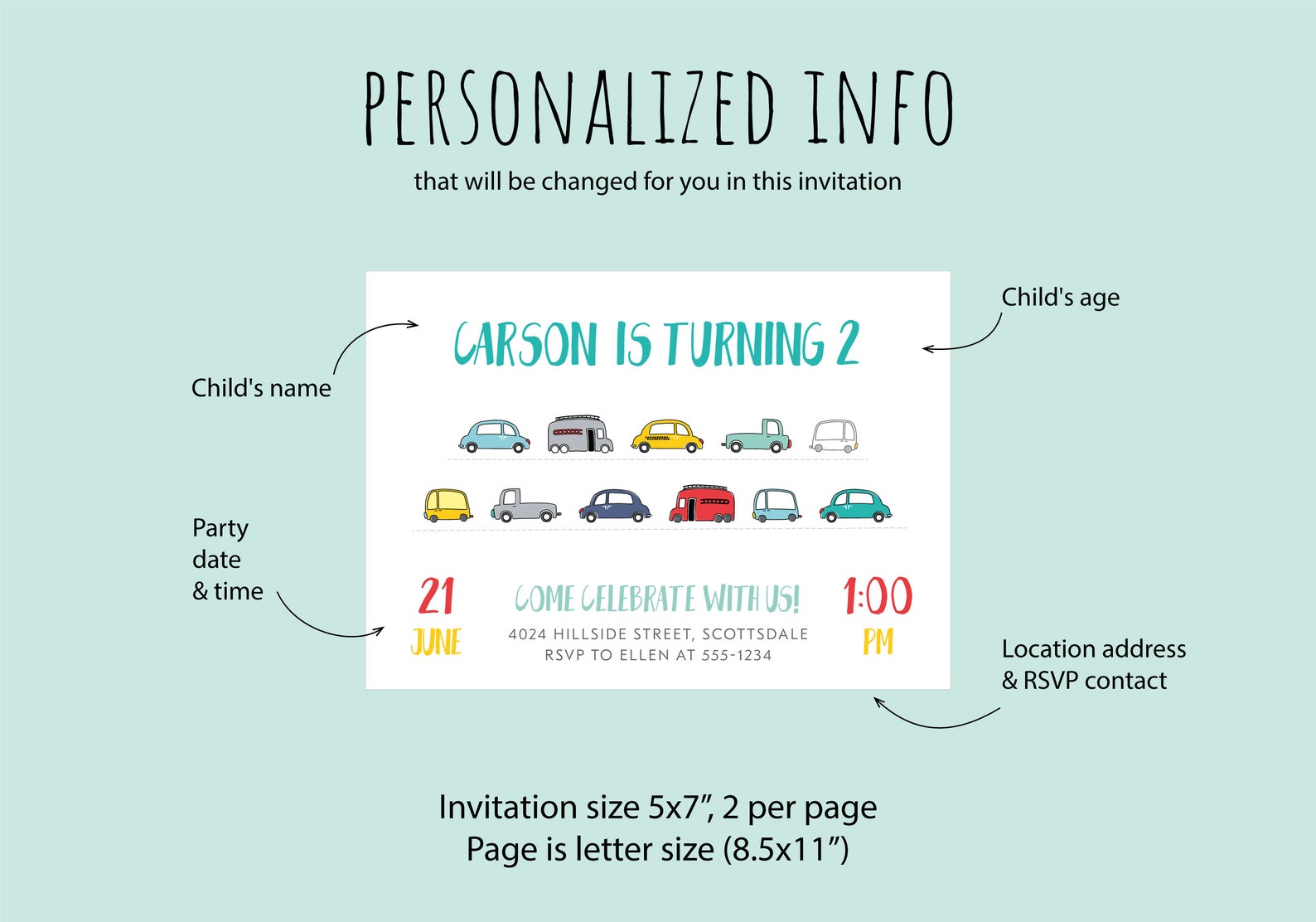 Cute Cars Birthday INVITATION, Personalized Transport Party Invitation ...