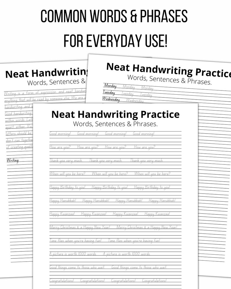 Neat Handwriting Practice Sheets | Digital Download | Adult Handwriting ...