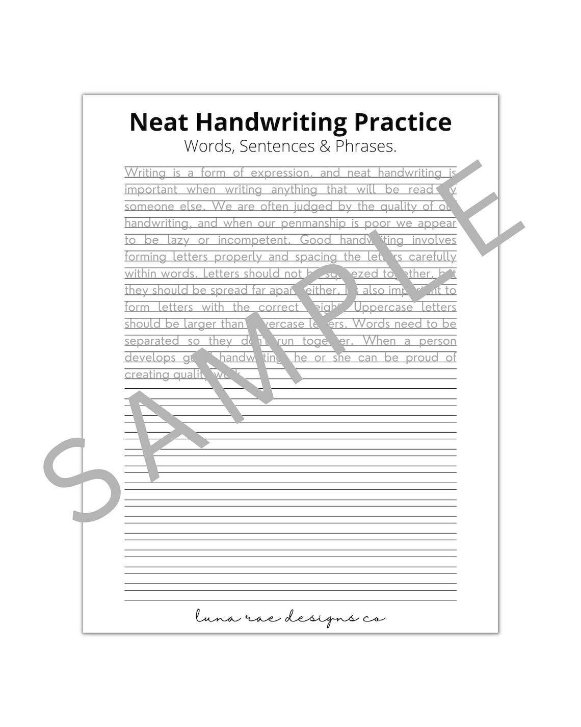 Neat Handwriting Practice Sheets | Digital Download | Adult Handwriting ...