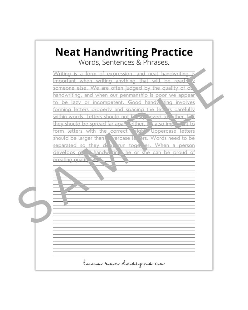 Neat Handwriting Practice Sheets | Digital Download | Adult Handwriting ...