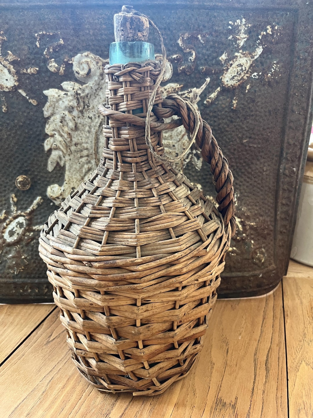 Antique Demi-john, Wicker Enclosed With Cork Stopper. Aqua Green Color ...