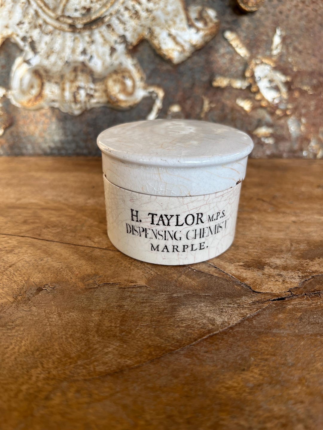 H. Taylor Dispensing Chemist Pot, Marple - Printed BASE W/lid - Antique ...