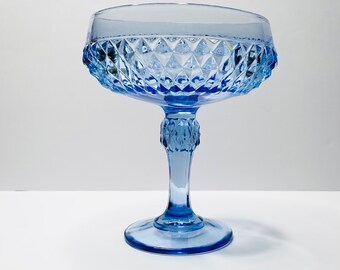 Vintage Indiana Glass Diamond Point Peacock Blue Pedestal Compote Dish ...