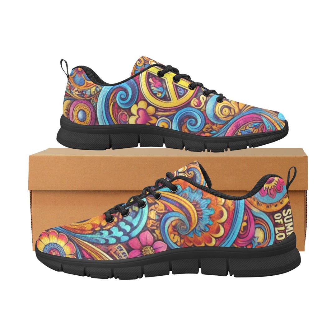 Retro Black Psychedelic Lace up Athletic Shoes for Women, Breathable ...